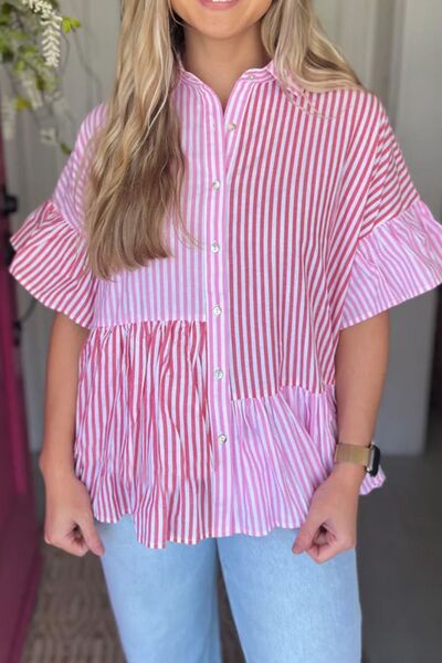 Button Down Striped Ruffled Hem Shirt – Charming Charlie