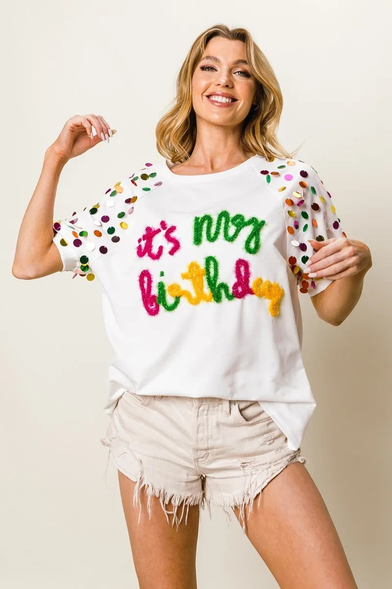 BiBi Metallic Letter Spangle Raglan Puff Sleeve Top – Charming Charlie