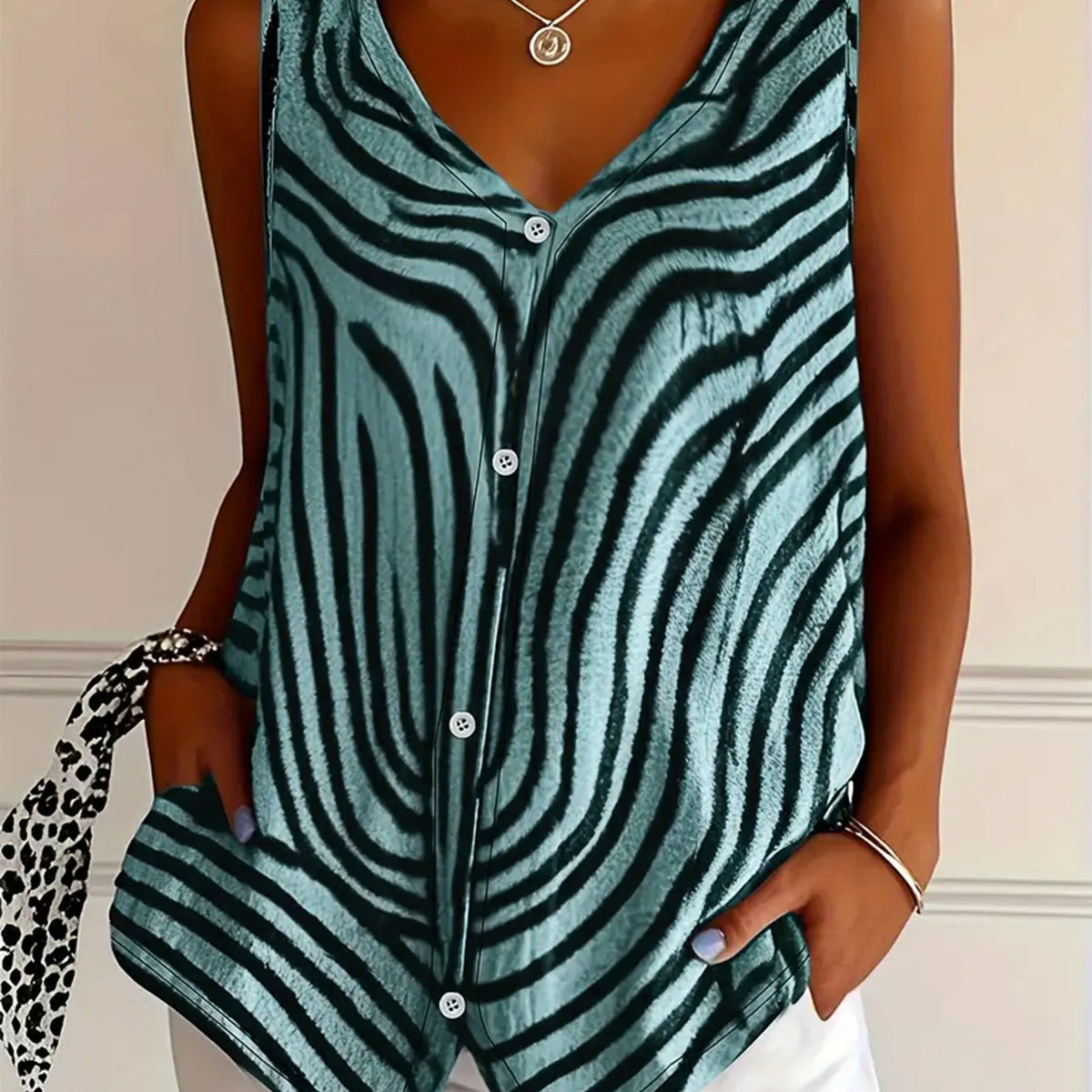 Sleeveless Zebra Print Button-Up Tank Top – Charming Charlie