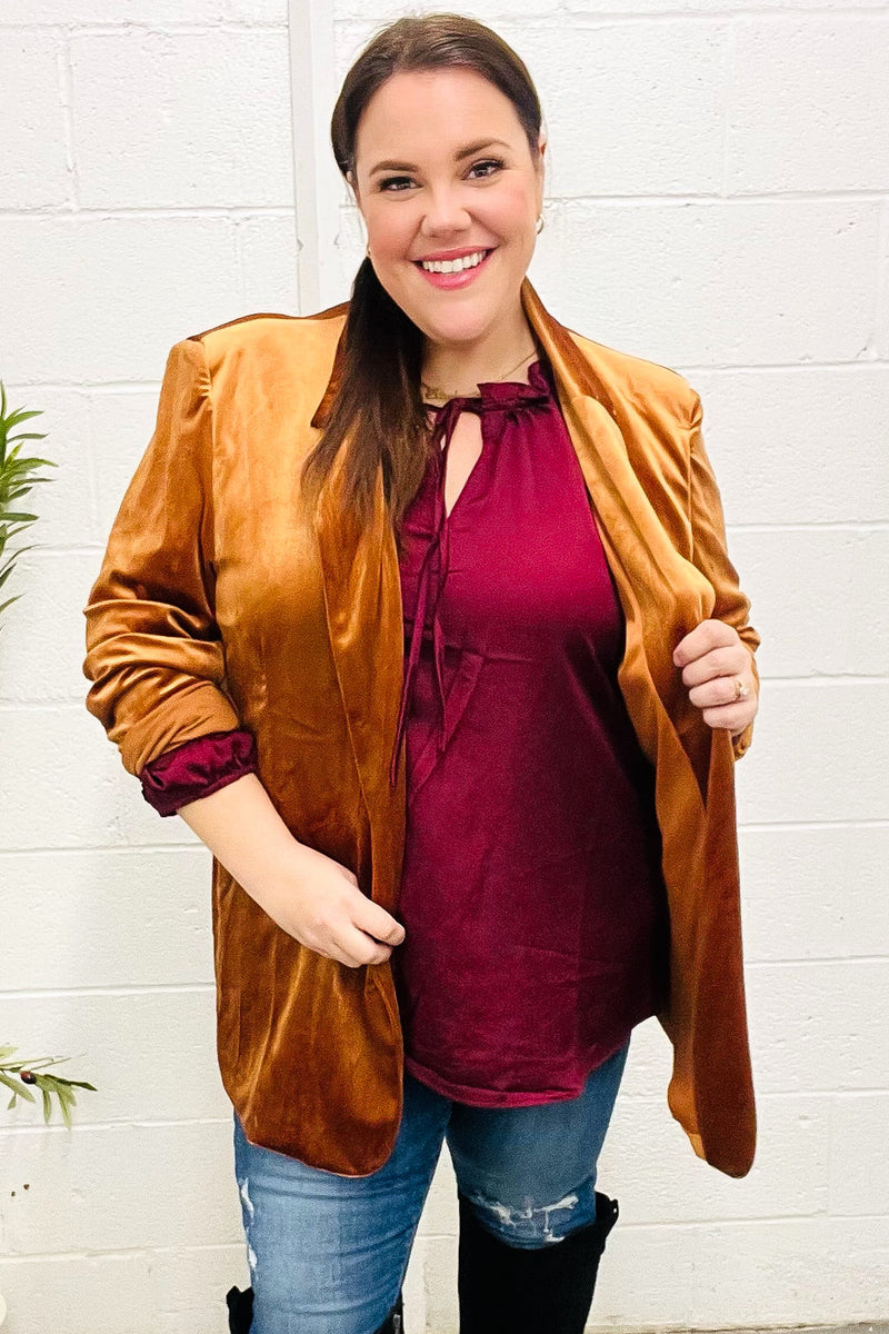 Holiday Stunner Rust Velvet Lapel Blazer – Charming Charlie