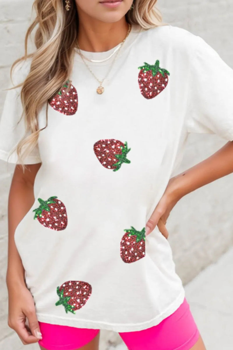 Sequin Strawberry Crew Neck Short Sleeve T Shirt – Charming Charlie
