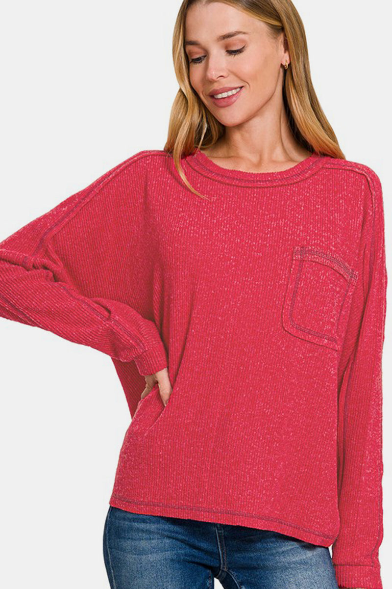 Zenana Full Size Contrast Stitching Brushed Ribbed Hacci Knit Top – Charming Charlie