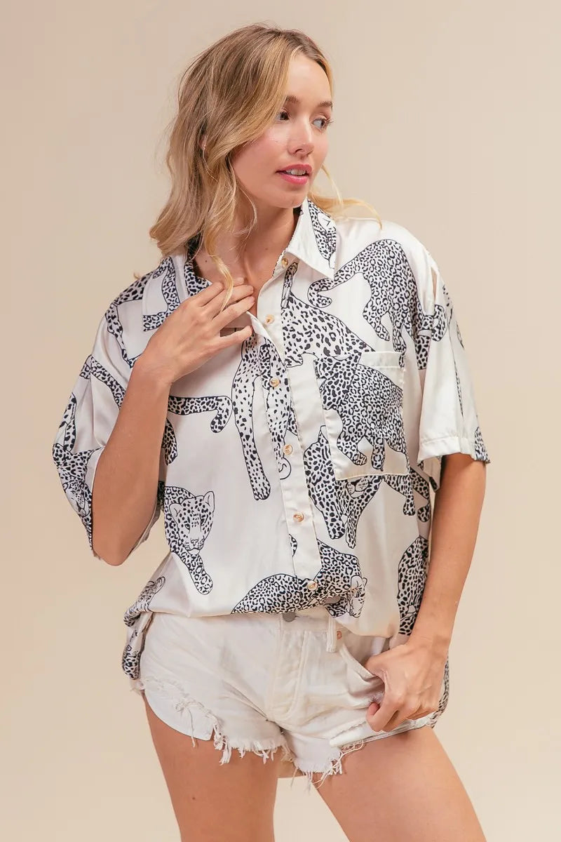 BiBi Leopard Print Short Sleeve Silky Satin Shirt Top – Charming Charlie