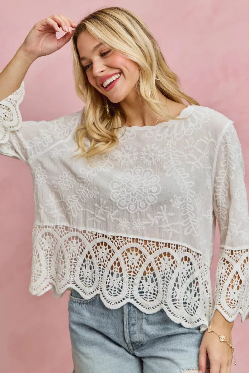 SO ME Floral Embroidered Crochet Lace Trimmed Top – Charming Charlie