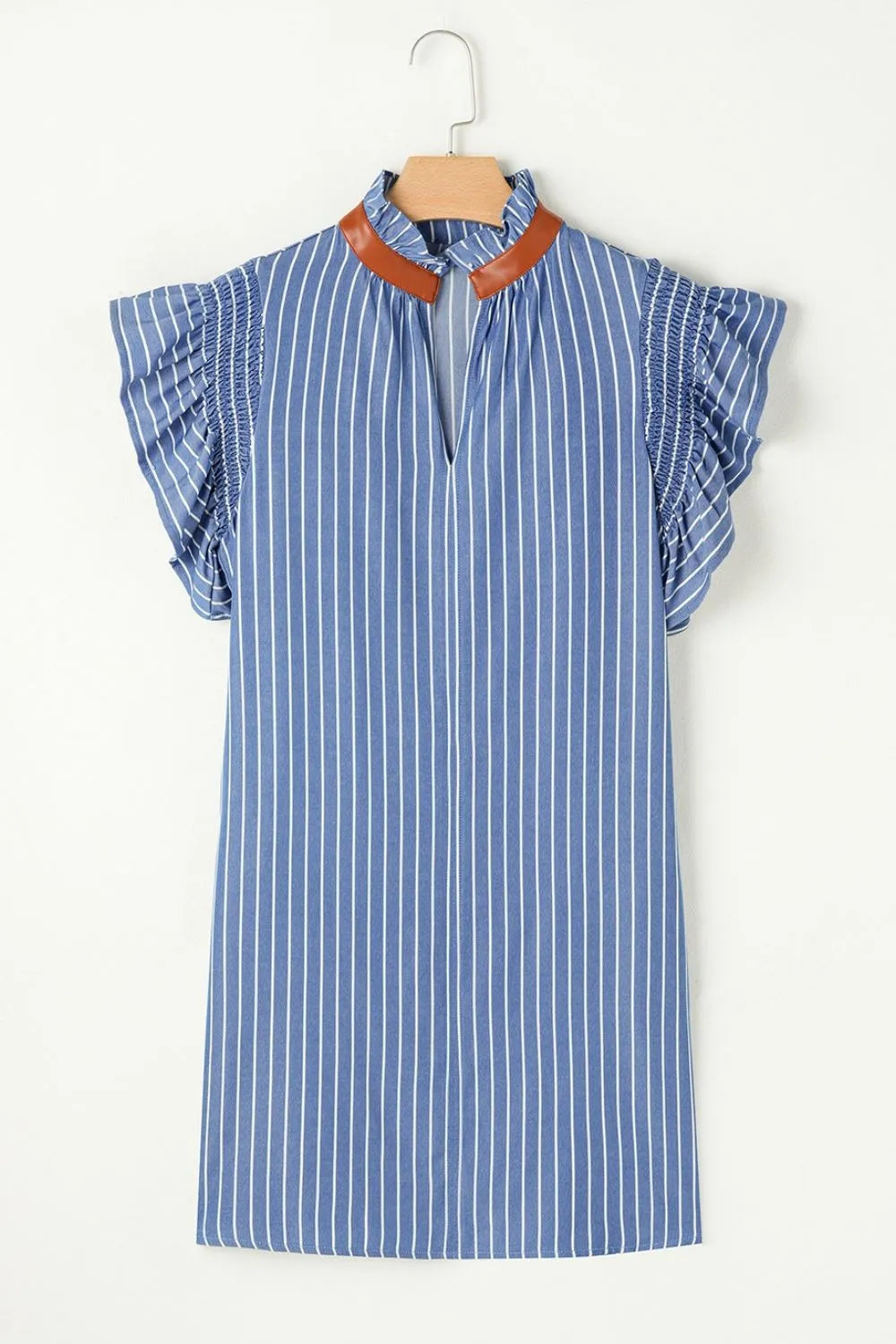 Stripe Frilly Split Neck Shirred Ruffle Sleeve Short Shift Dress ...