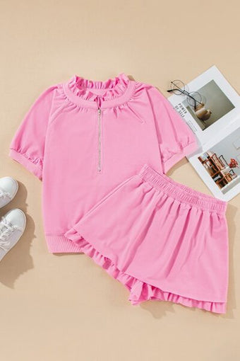 Half Zip Puff Sleeve Top and Ruffled Shorts Set – Charming Charlie