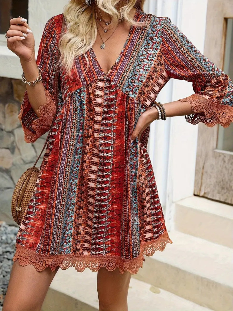 Lace Trim Printed V-Neck 3/4 Sleeve Dress – Charming Charlie