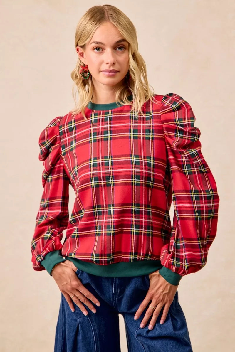 BiBi Christmas Plaid Exaggerated Shoulder Sleeves Top – Charming Charlie