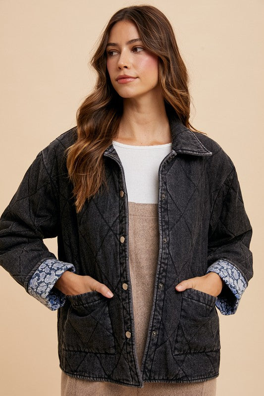 Annie Wear Quilted Printed Lining Snap Down Denim Jacket – Charming Charlie
