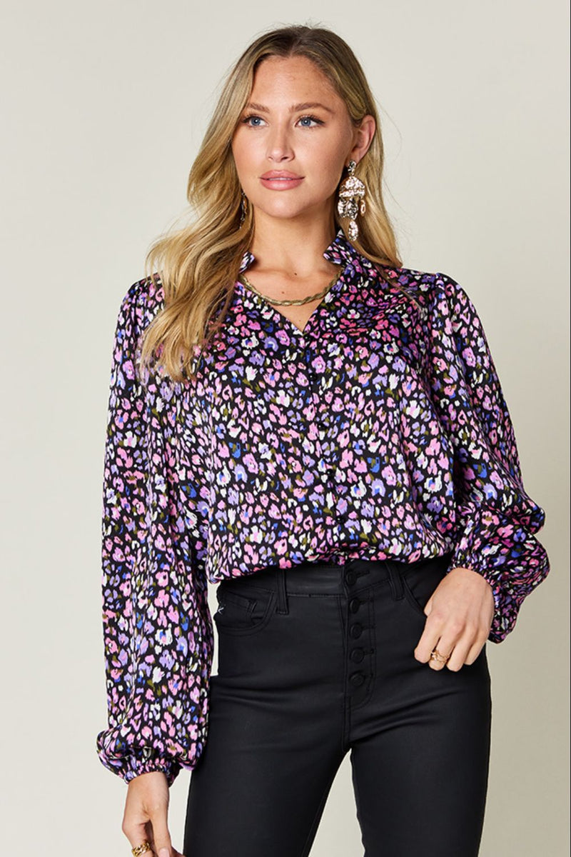Double Take Full Size Printed Balloon Sleeve Shirt – Charming Charlie