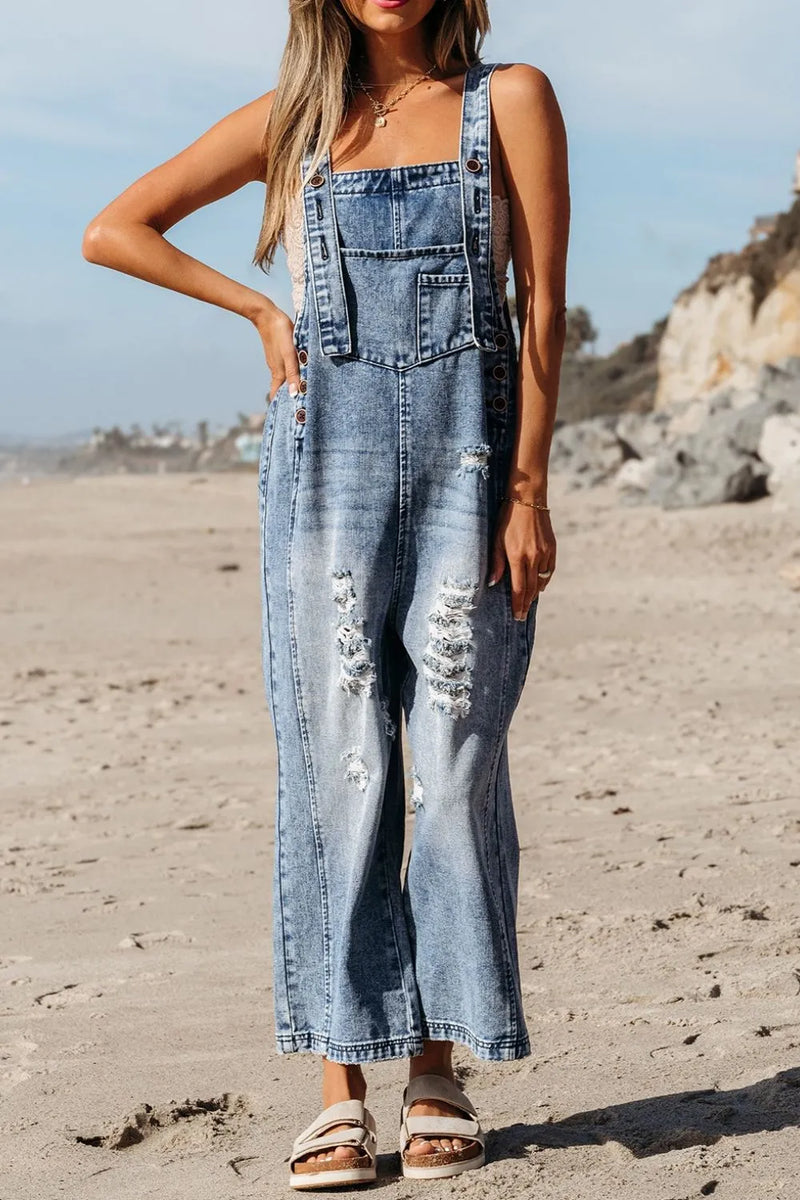 Distressed Bib Pocket Wide Leg Denim Overalls – Charming Charlie