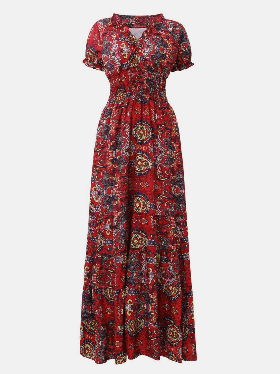 Full Size Smocked Printed V-Neck Short Sleeve Dress – Charming Charlie