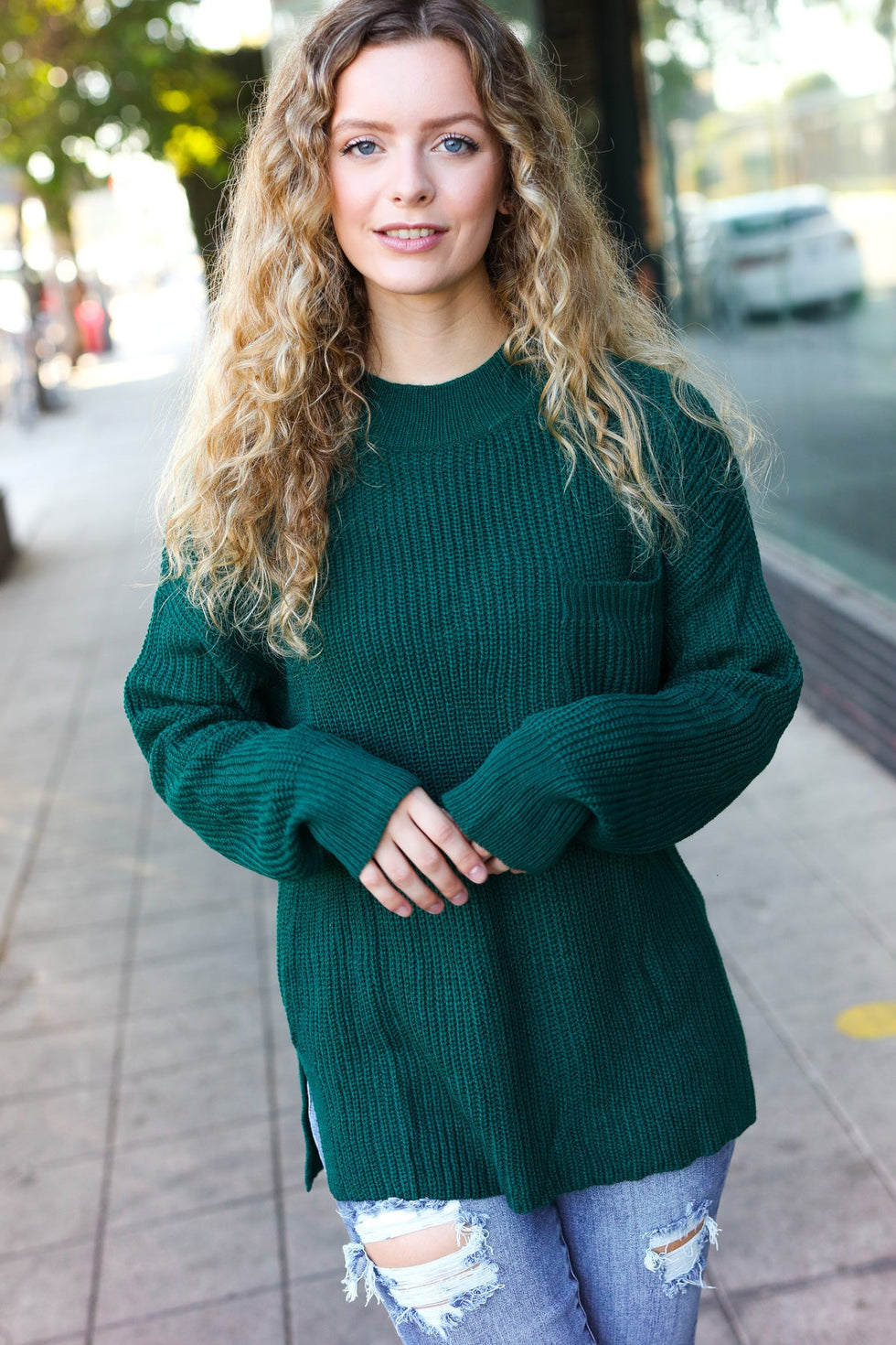 Classy Chic Hunter Green Mock Neck Chest Pocket Knit Sweater – Charming ...