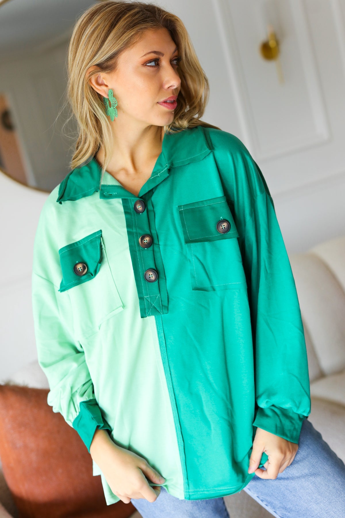 On The Way Up Mint Color Block Button Down Pullover – Charming Charlie