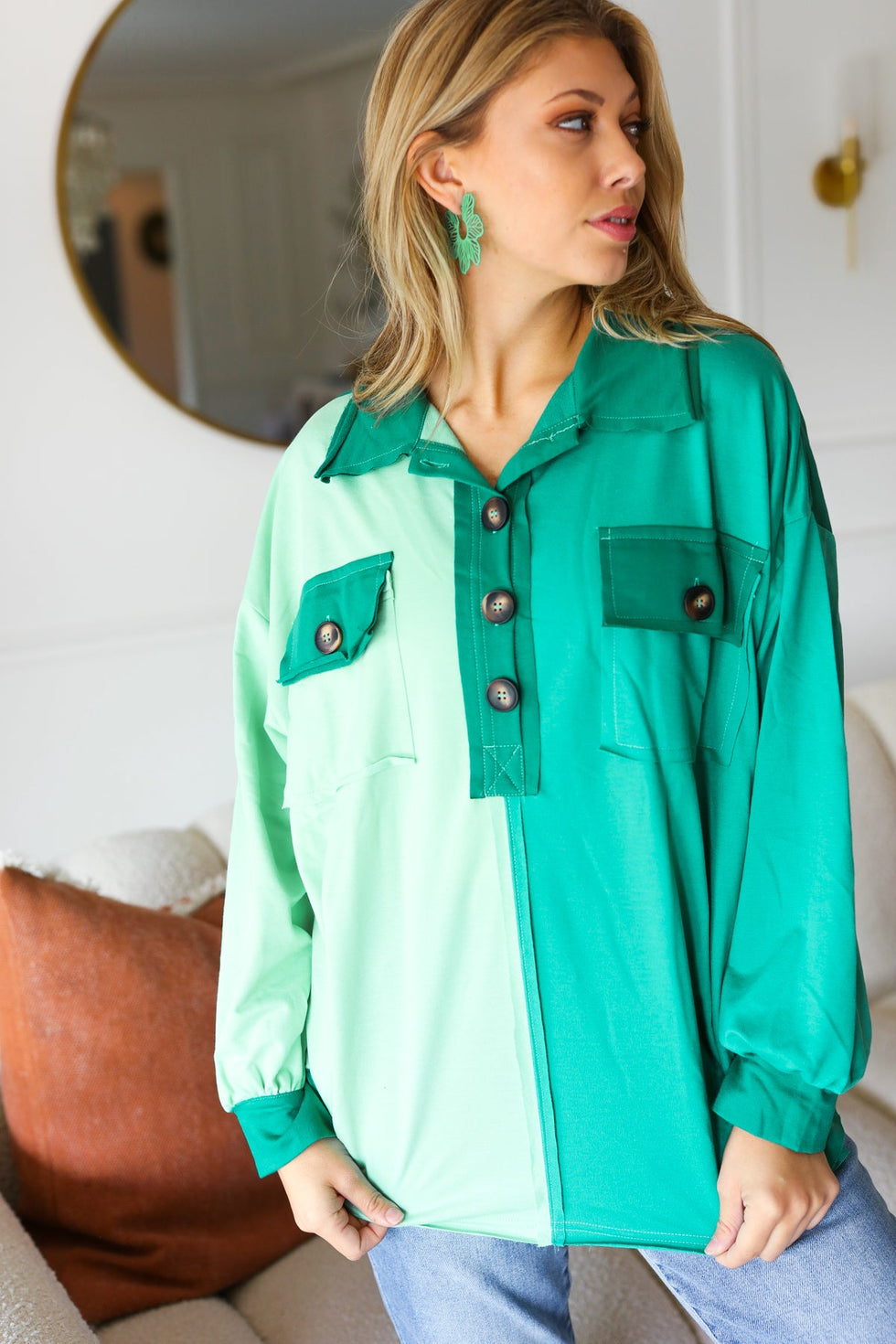 On The Way Up Mint Color Block Button Down Pullover – Charming Charlie