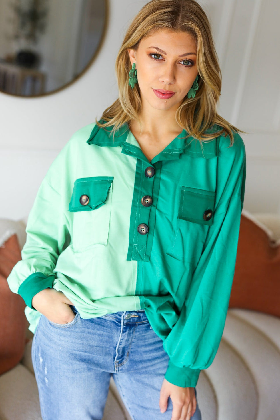 On The Way Up Mint Color Block Button Down Pullover – Charming Charlie