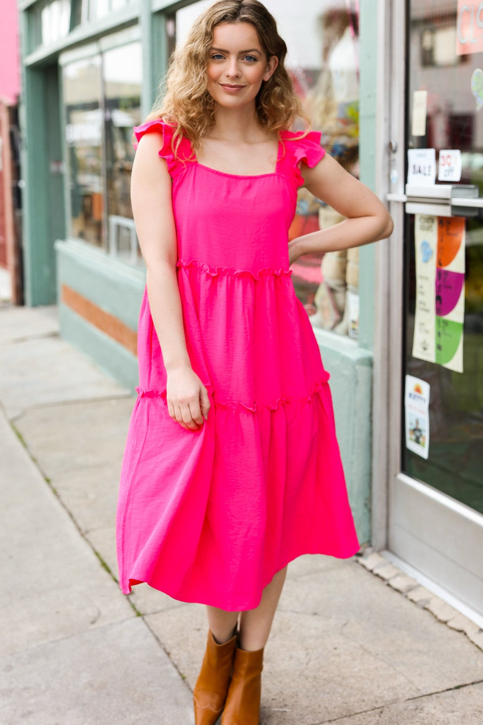 Lots To Love Fuchsia Smocked Flutter Sleeve Tiered Midi Dress ...
