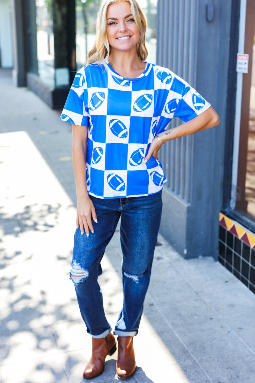 Turn Up The Volume Blue Football Checker Print Top – Charming Charlie