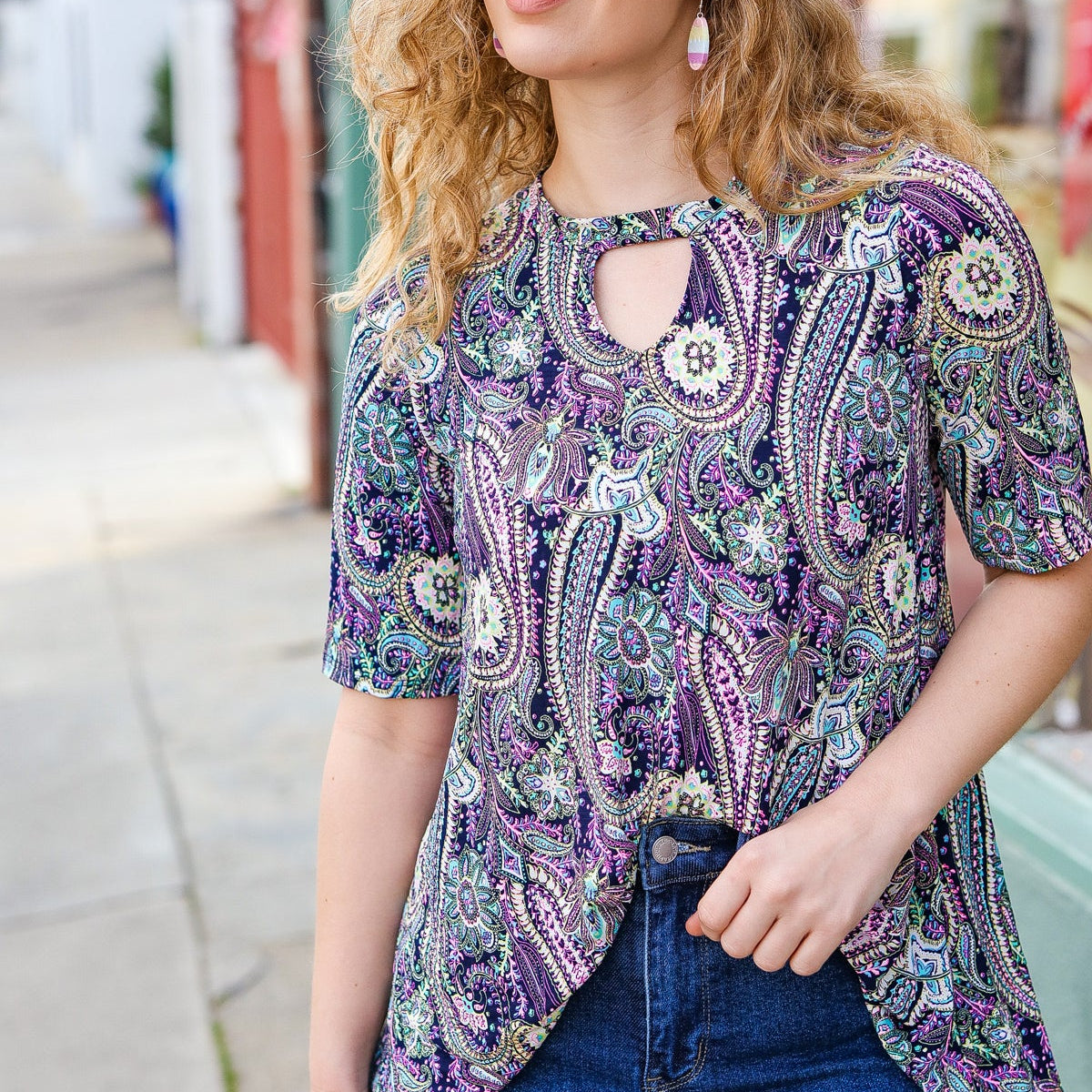 Bold & Sassy Navy Floral Paisley Front Keyhole Tunic Top – Charming Charlie