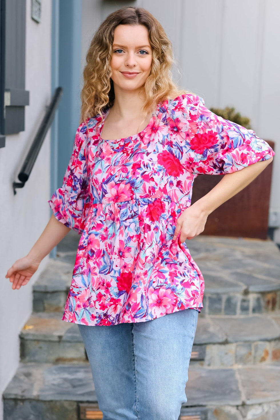 Feeling Femmi Pink & Fuchsia Floral Peplum Woven Top – Charming Charlie