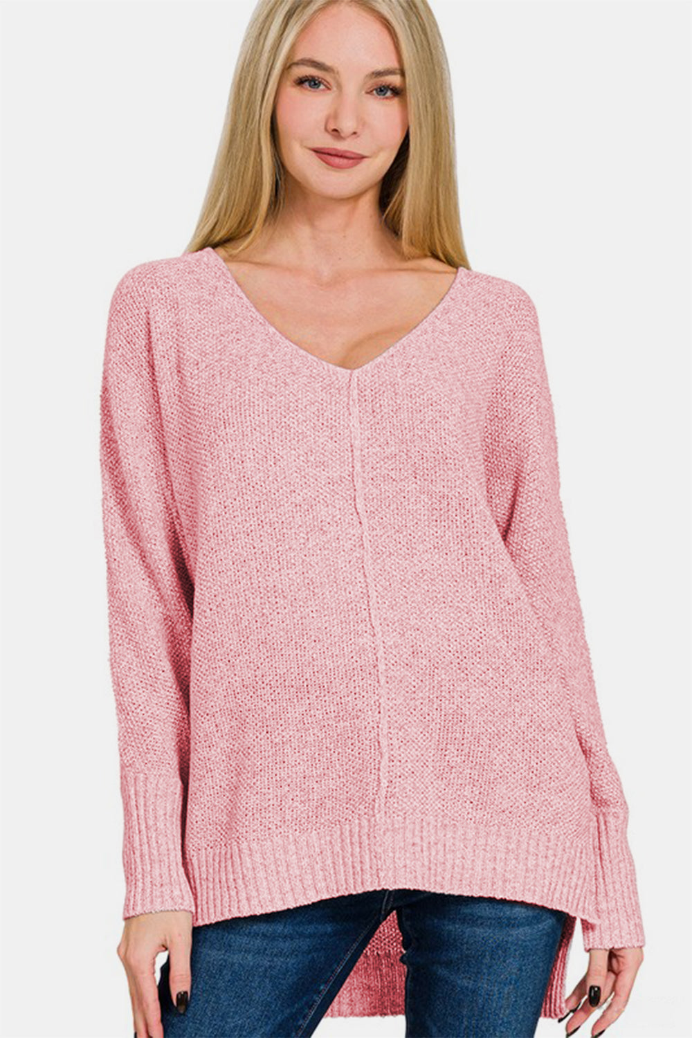 Zenana High-Low Center Seam V-Neck Sweater – Charming Charlie