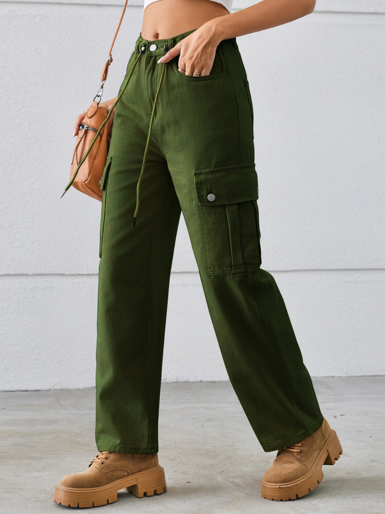 Drawstring Mid-Rise Waist Straight Cargo Jeans – Charming Charlie