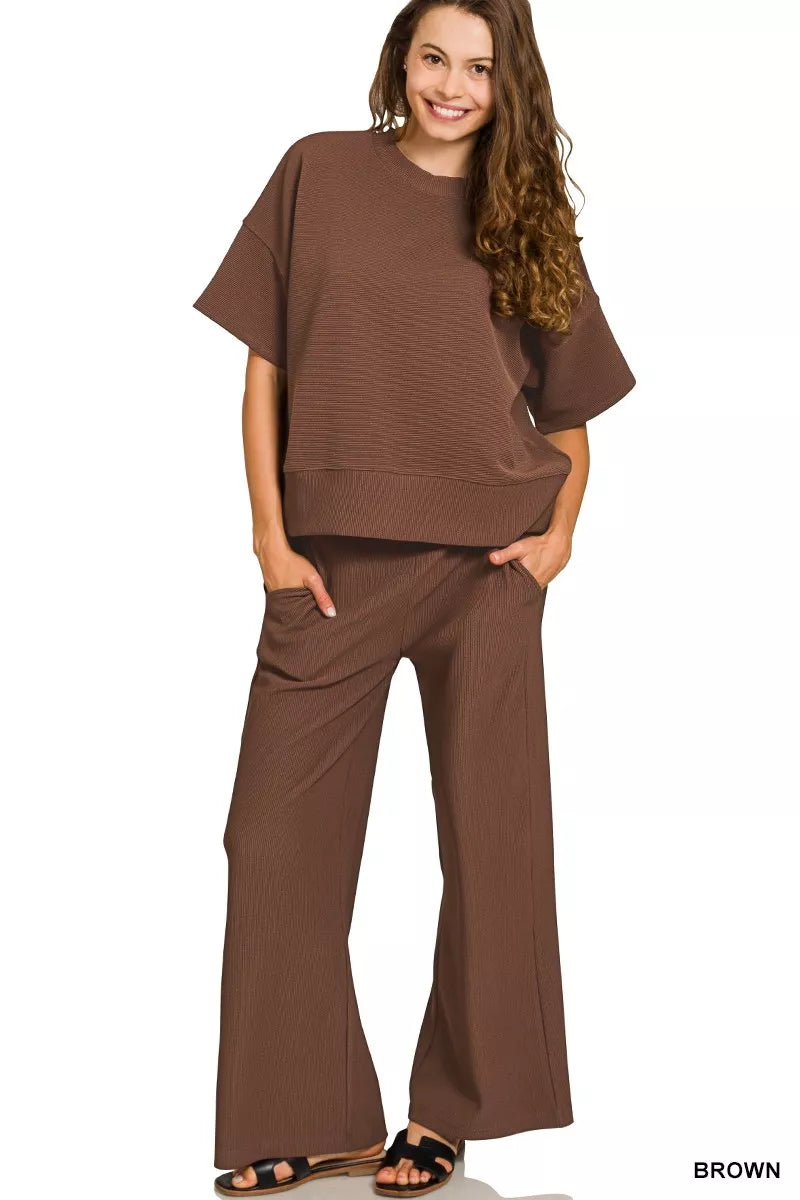 Zenana Ribbed Round Neck Tee & Pants Set – Charming Charlie