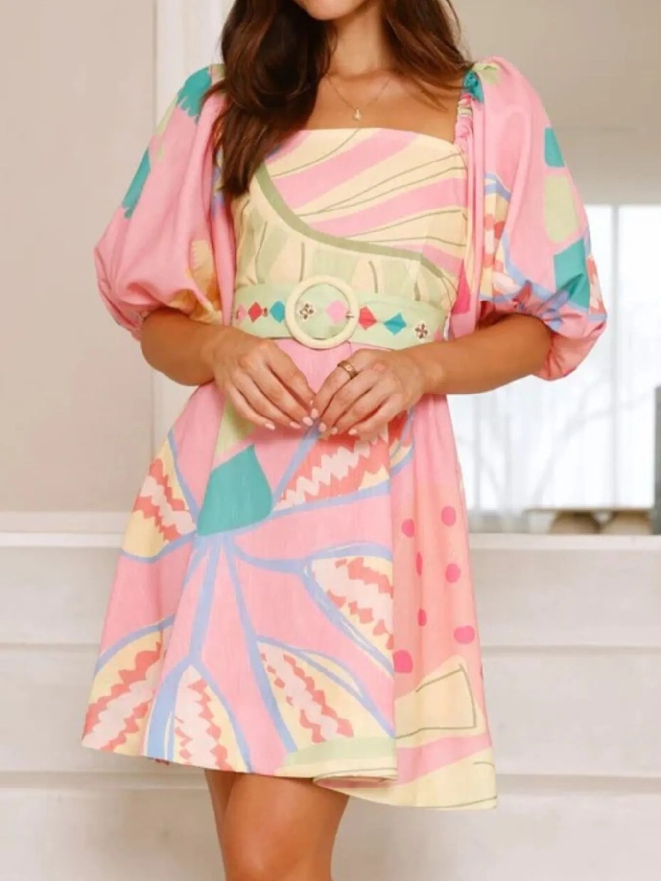 Colorful Print Belted Mini Dress with Puff Sleeves – Charming Charlie