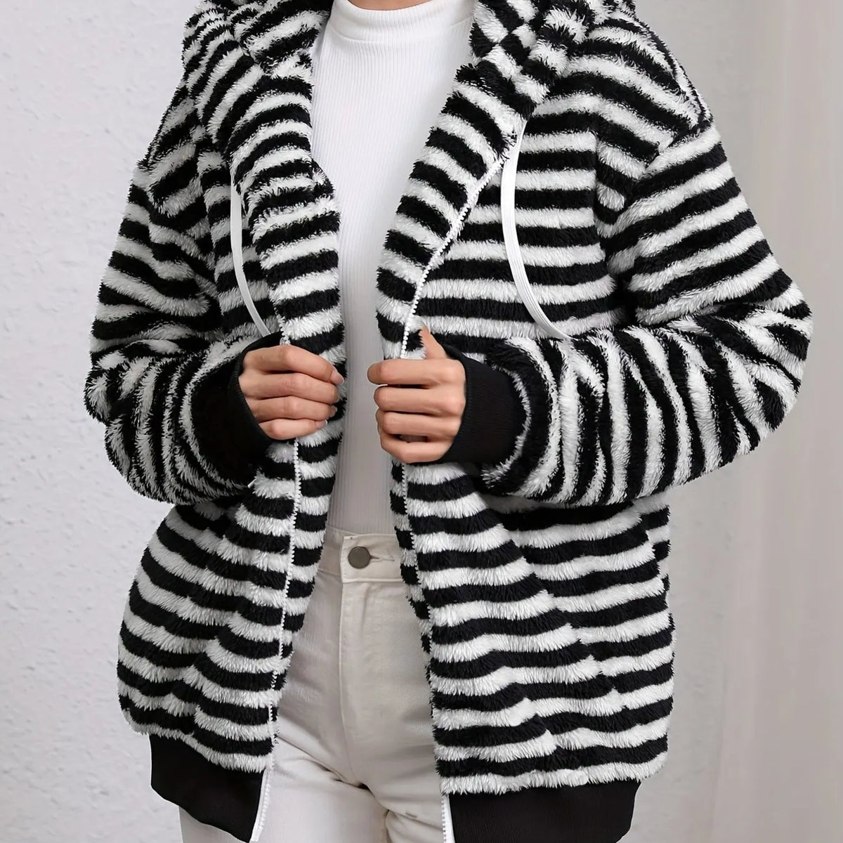 Striped Fuzzy Zip Up Hooded Outerwear – Charming Charlie