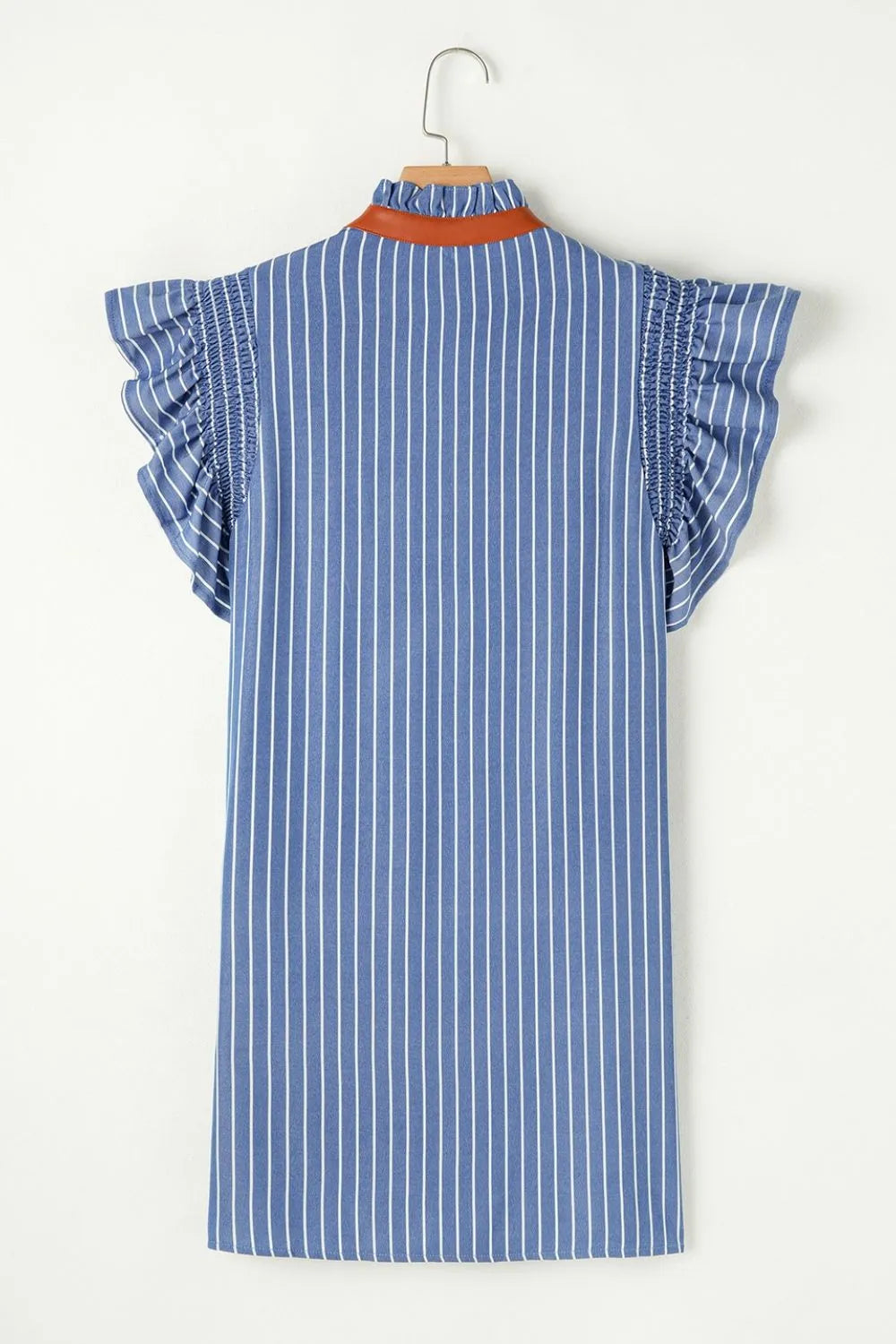 Stripe Frilly Split Neck Shirred Ruffle Sleeve Short Shift Dress ...
