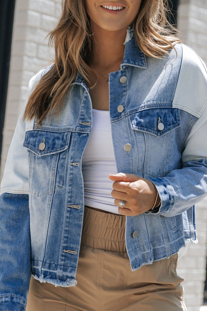 Distressed Button Up Drop Shoulder Denim Jacket – Charming Charlie