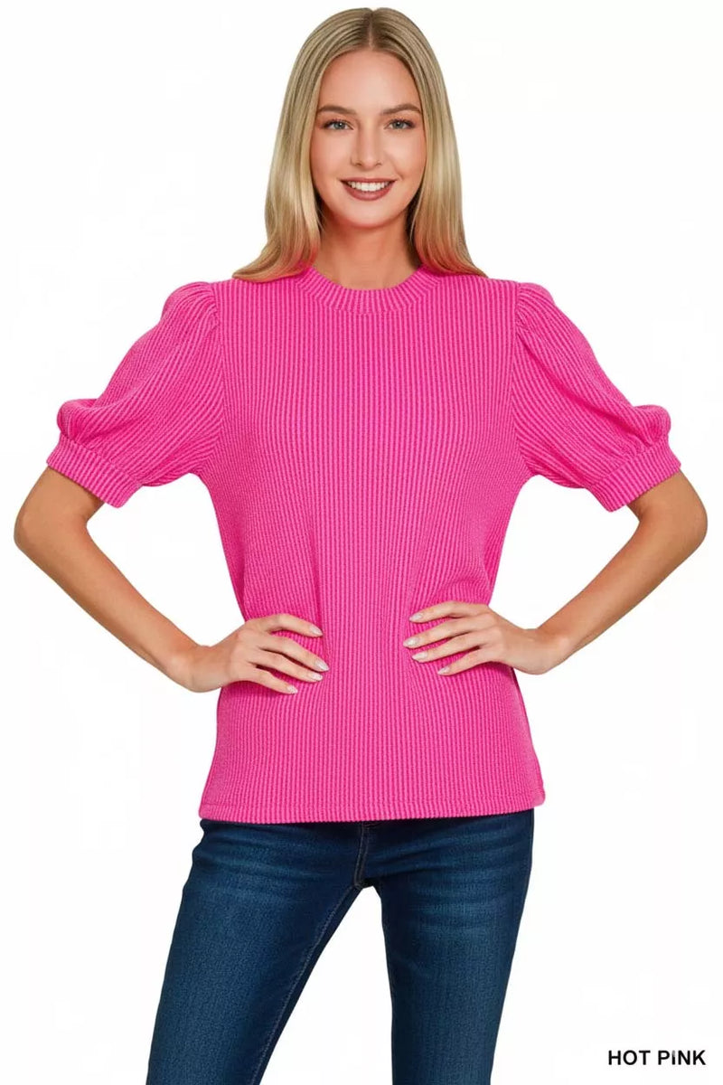 Zenana Raised Rib Puff Sleeve Top – Charming Charlie