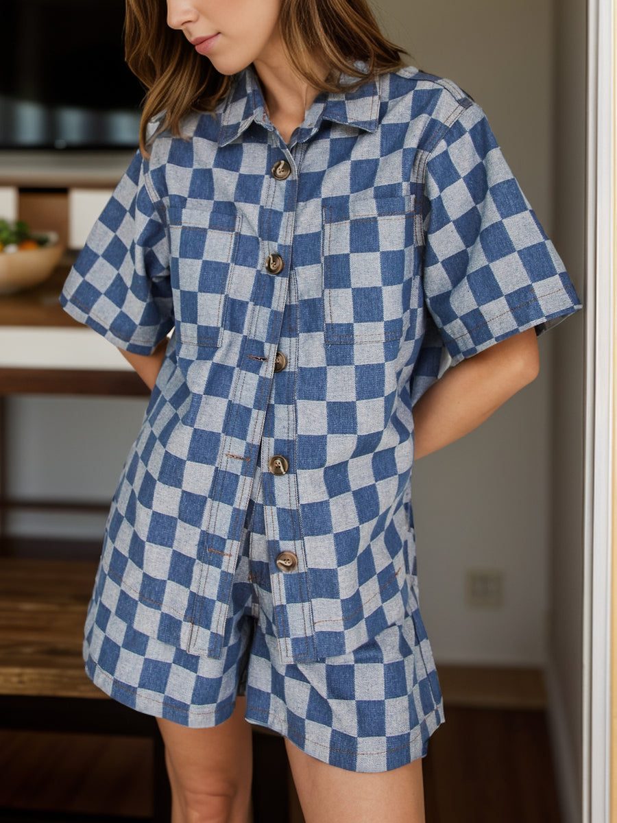 Checkered Button Up Half Sleeve Top and Shorts Set – Charming Charlie