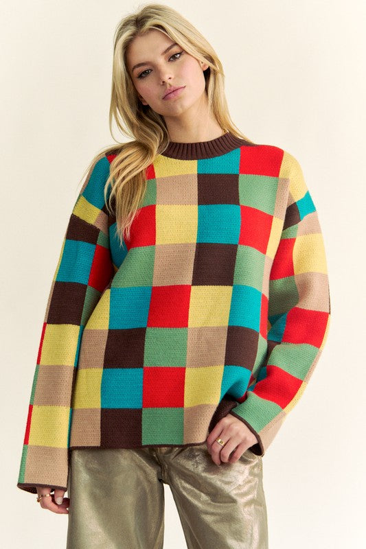 Davi & Dani Color Block Checkered Dropped Shoulder Sweater – Charming ...