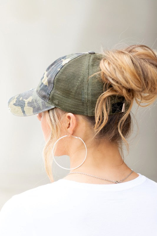 PonyFlo CAMO Distressed Messy Bun Cap Hat – Charming Charlie