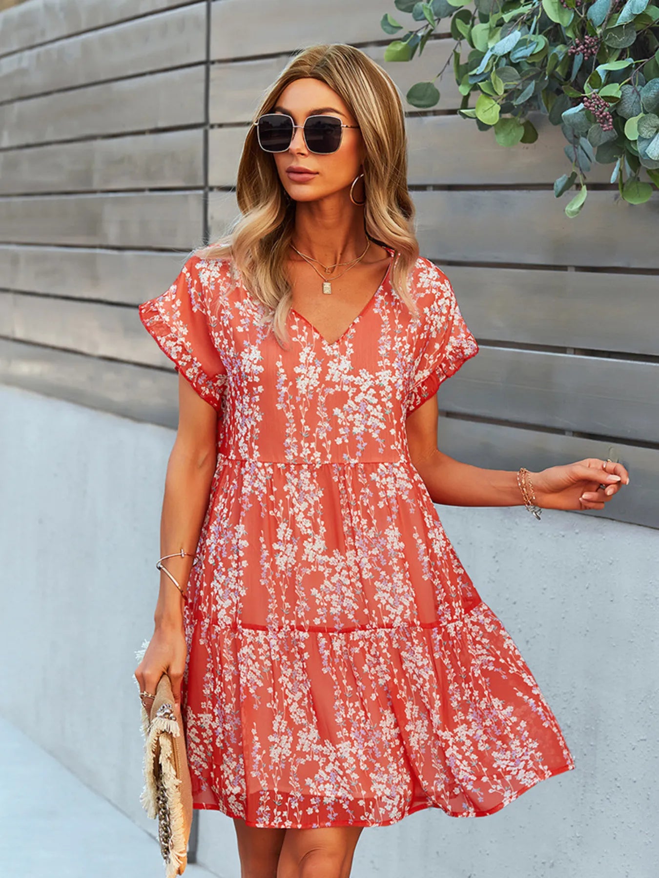 Floral Print V-Neck Ruffle Tiered Summer Mini Dress – Charming Charlie