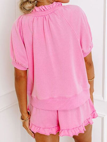 Half Zip Puff Sleeve Top and Ruffled Shorts Set – Charming Charlie