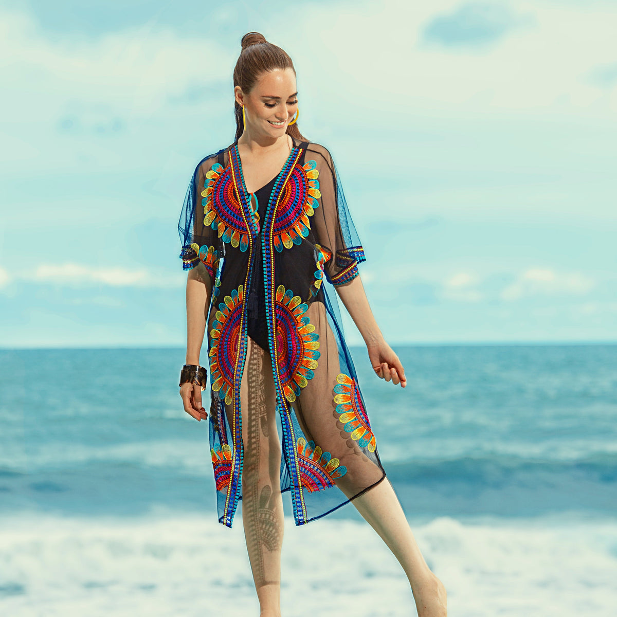 Women’s Sheer Mesh Floral Embroidered Long Beach Duster – Charming Charlie