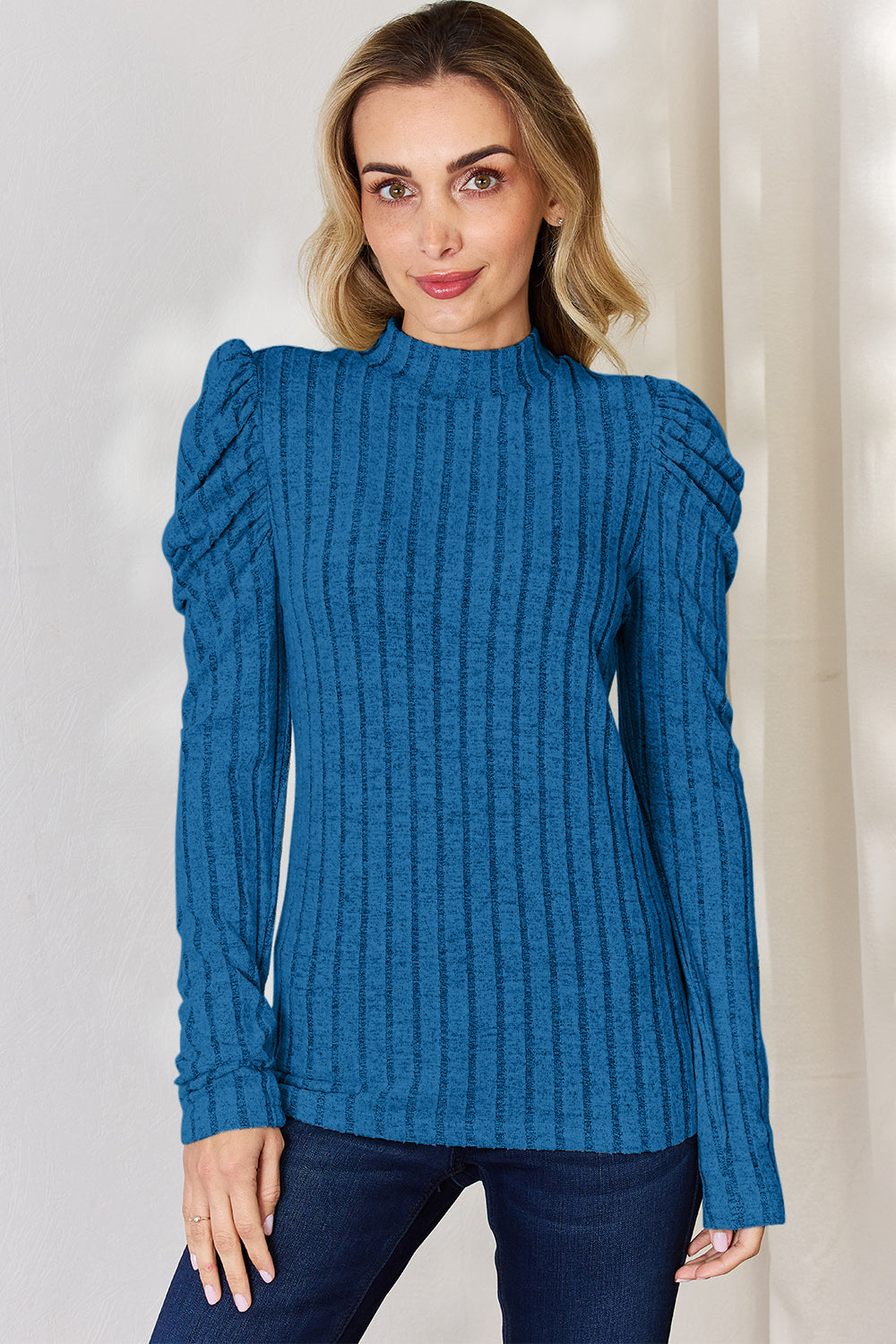 Basic Bae Full Size Ribbed Mock Neck Puff Sleeve T-Shirt – Charming Charlie