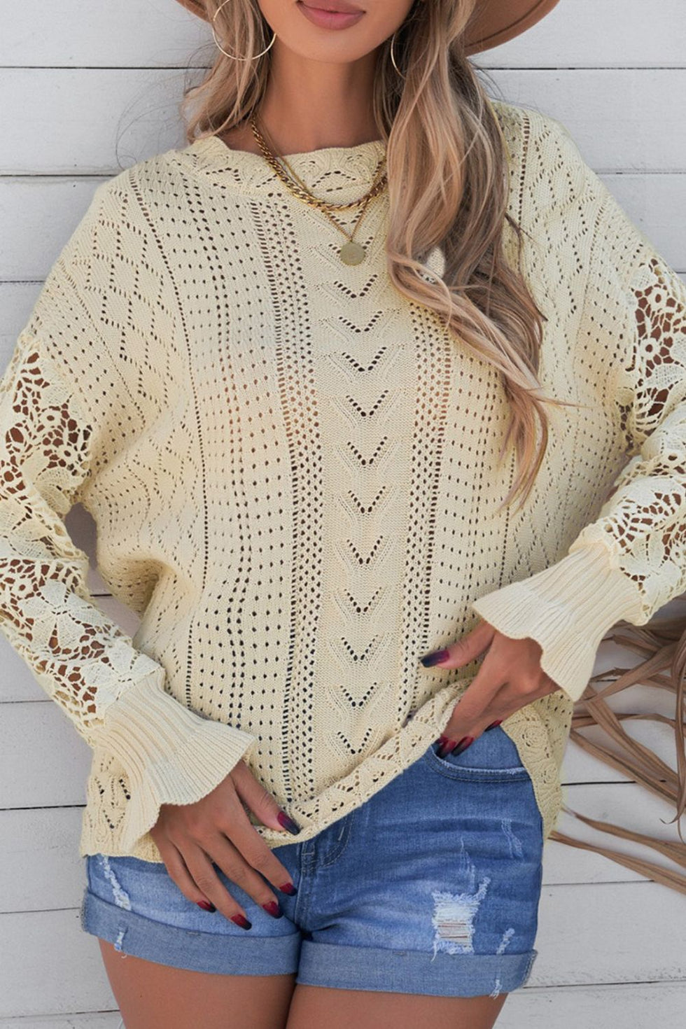 Openwork Round Neck Long Sleeve Sweater – Charming Charlie
