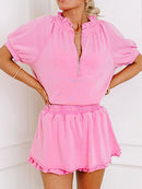 Half Zip Puff Sleeve Top and Ruffled Shorts Set – Charming Charlie