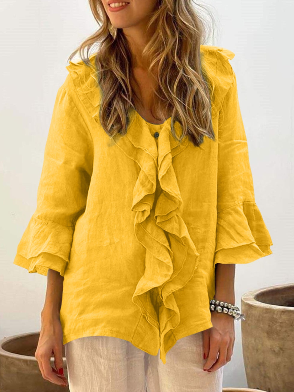 Full Size Ruffled V-Neck Flounce Sleeve Blouse – Charming Charlie