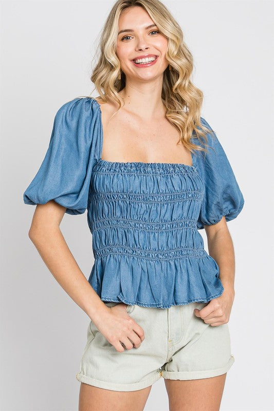 Denim Smocked Peplum Top – Charming Charlie