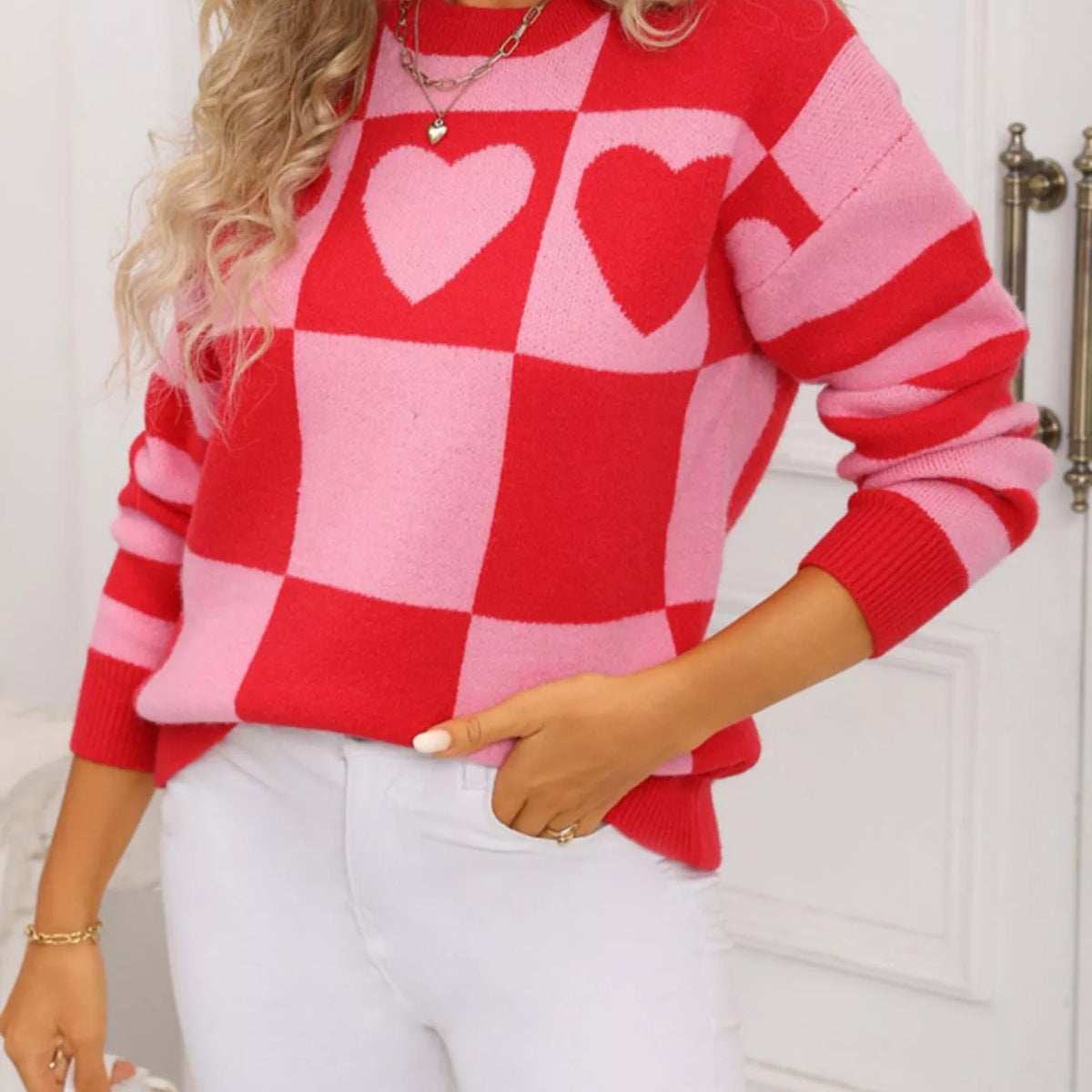 Heart Pattern Checkerboard Knit Sweater – Charming Charlie