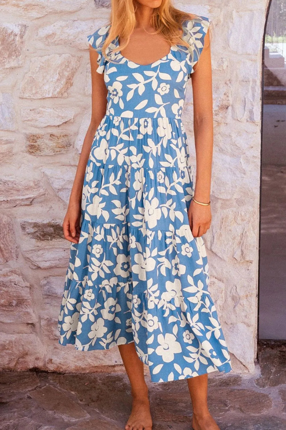 Floral Flutter Shoulder Tiered Flowy Midi Dress – Charming Charlie