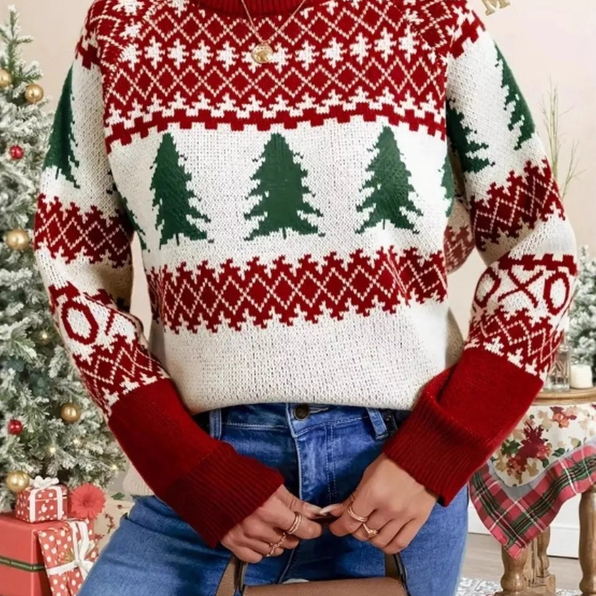 Christmas Tree Pattern Round Neck Sweater – Charming Charlie