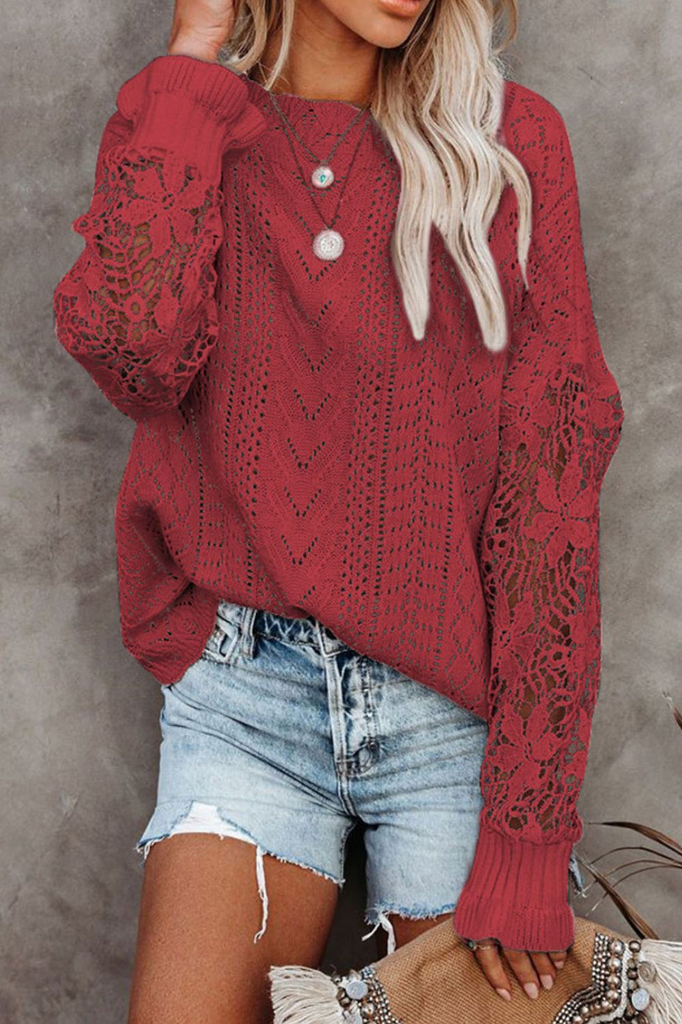 Openwork Round Neck Long Sleeve Sweater – Charming Charlie