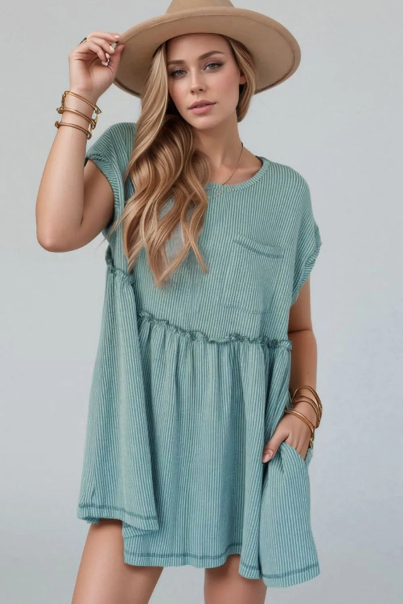Frill Round Neck Cap Sleeve Mini Dress – Charming Charlie