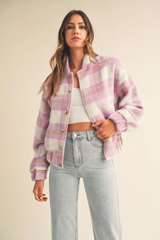 MABLE Plaid Print Fuzzy Bomber Jacket – Charming Charlie