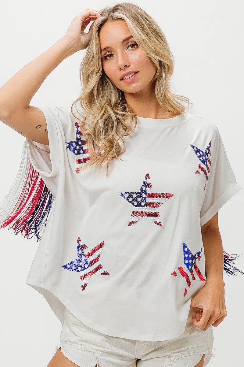 BiBi American Flag Sequin Star Fringe Top – Charming Charlie